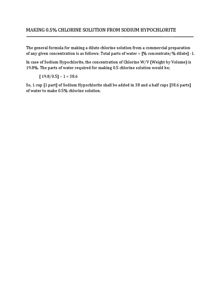 0.5% Chlorine Solution From Sodium Hypochlorite | PDF | Cooking, Food ...