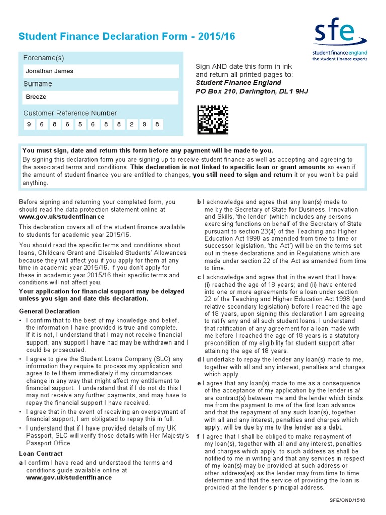 Student Finance Declaration Form 2015/16 | PDF | Loans | Interest