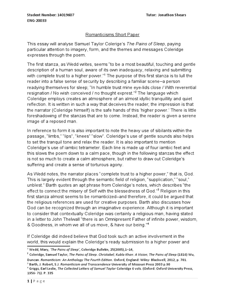 Romanticisms Short Paper | PDF | Samuel Taylor Coleridge | Poetry