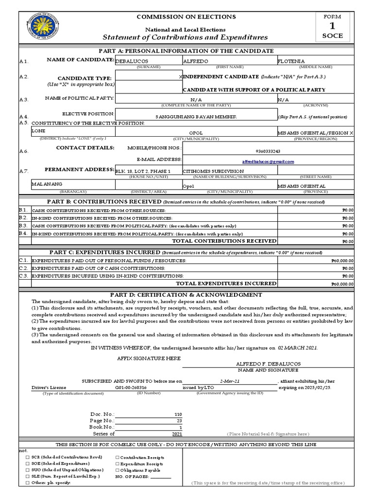 Statement of Contributions and Expenditures: (Use "X" in Appropriate ...
