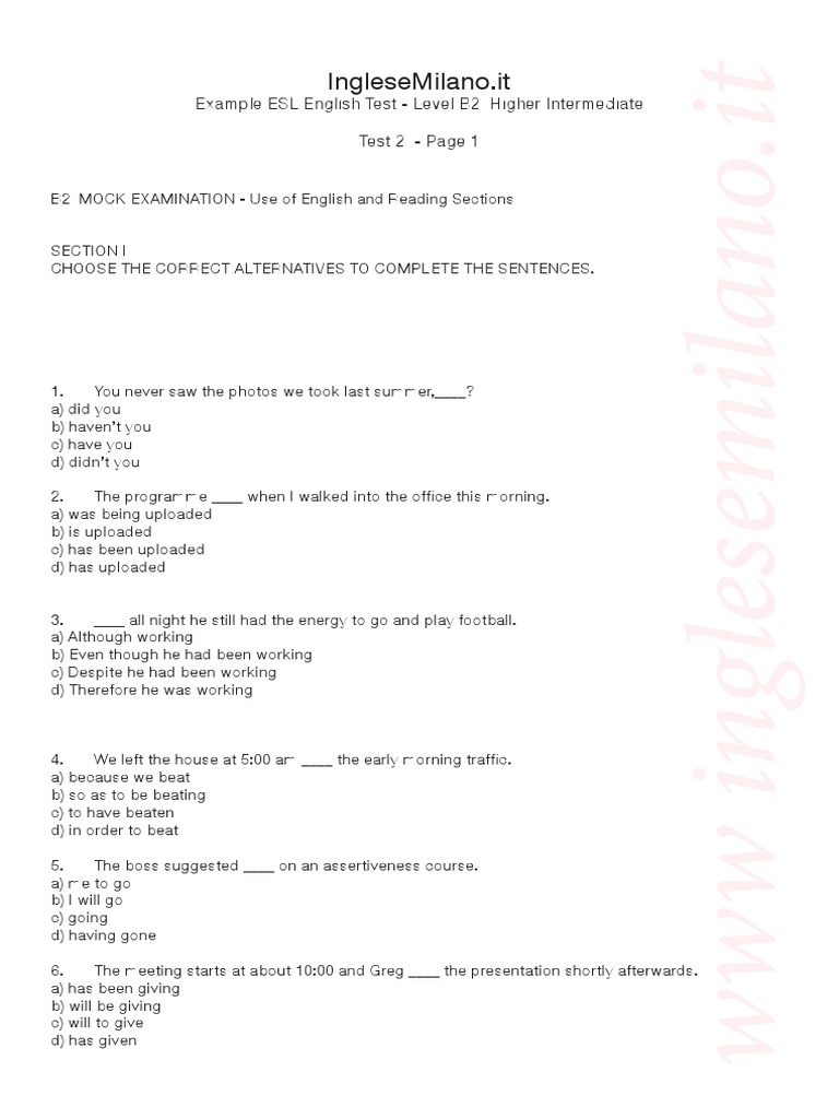 Inglesemilano - It: Example Esl English Test - Level B2 Higher ...