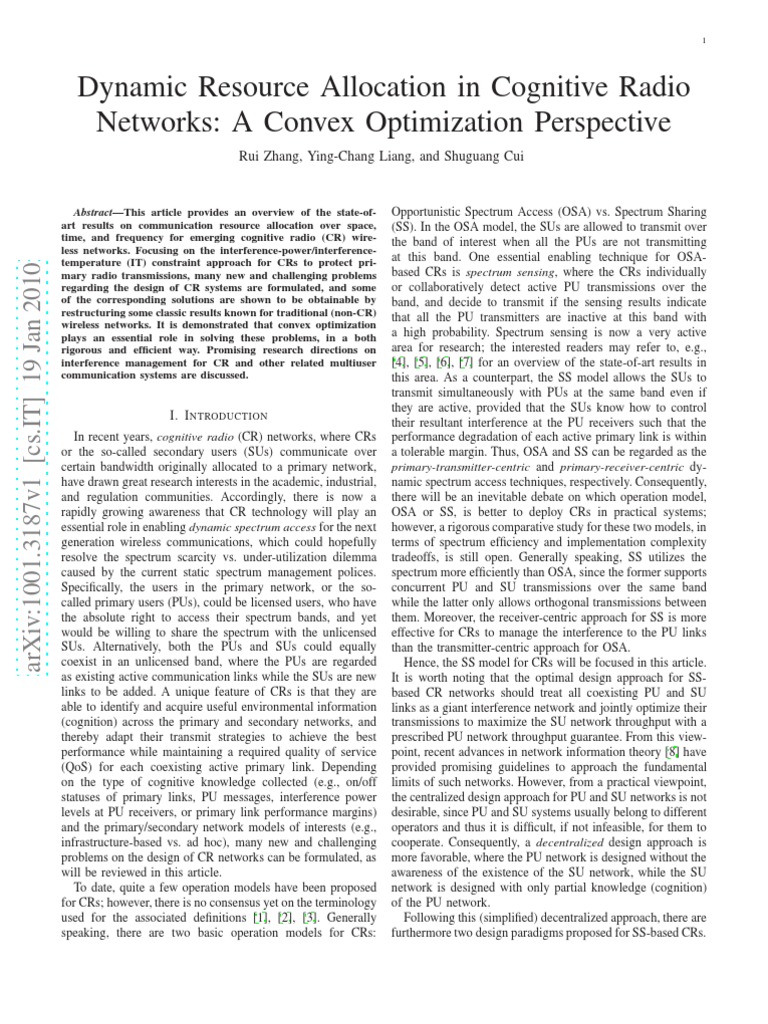 Dynamic Resource Allocation In Cognitive Radio Networks A Convex Optimization Perspective Pdf
