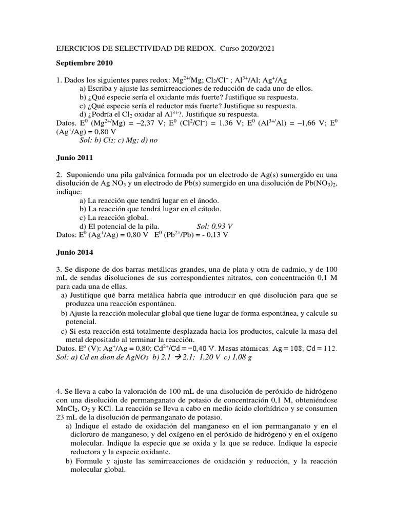 Ejercicios de Selectividad de Redox | PDF | Redox | Cloro