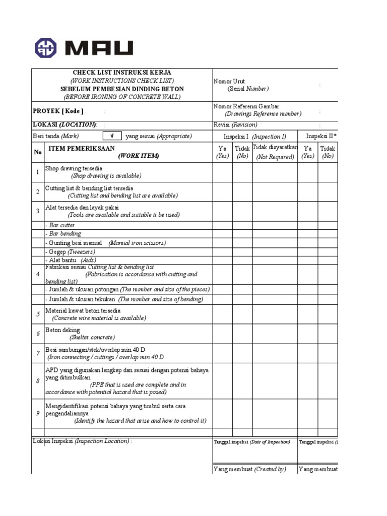Pre-Concrete Pouring Work Instructions Checklist | PDF | Structural ...