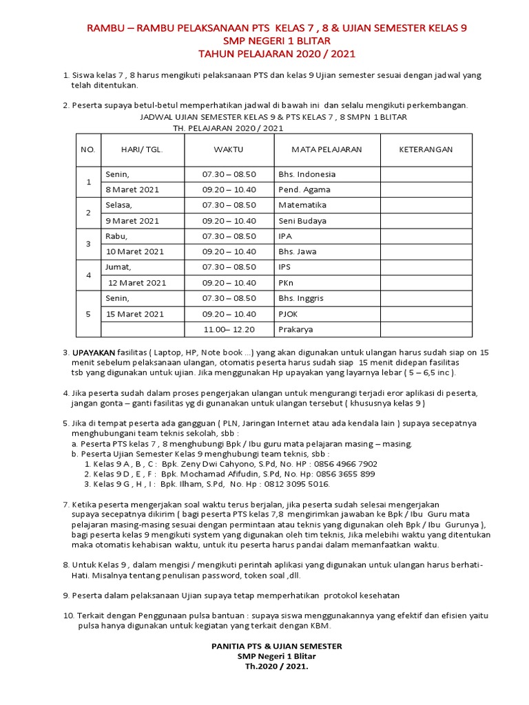 Rambu-Rambu Pelaksanaan PTS & Ujian Semester KLS 9 | PDF