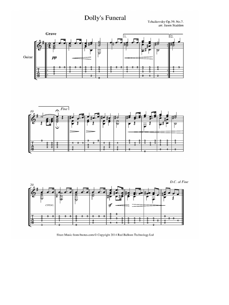 Tchaikovsky - Dolly's Funeral Op 39 No.7 Sheet Music For Guitar | PDF