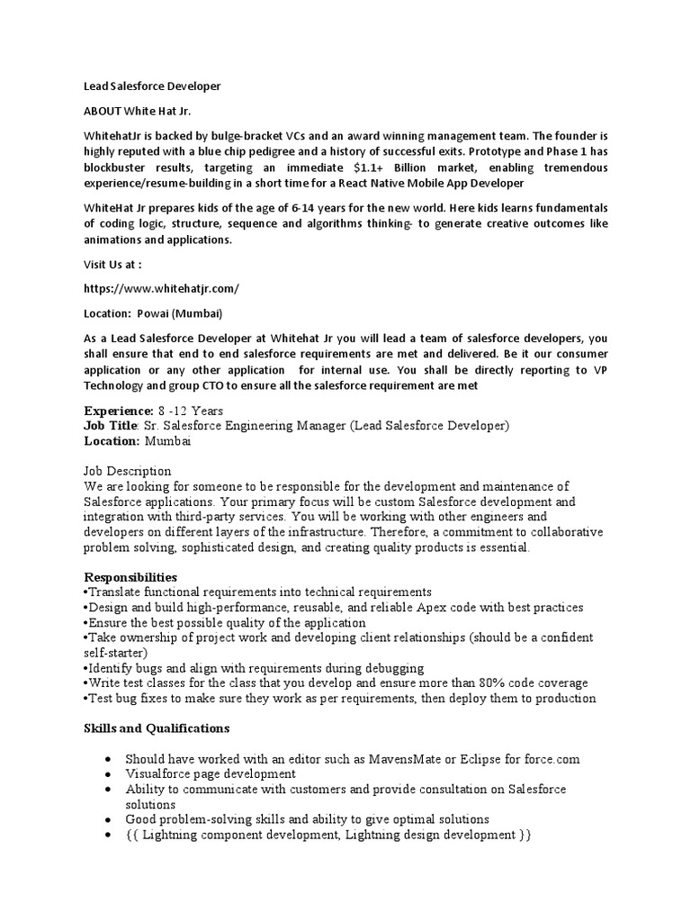 JD - Lead Salesforce Developer-2 | PDF | Information Technology ...