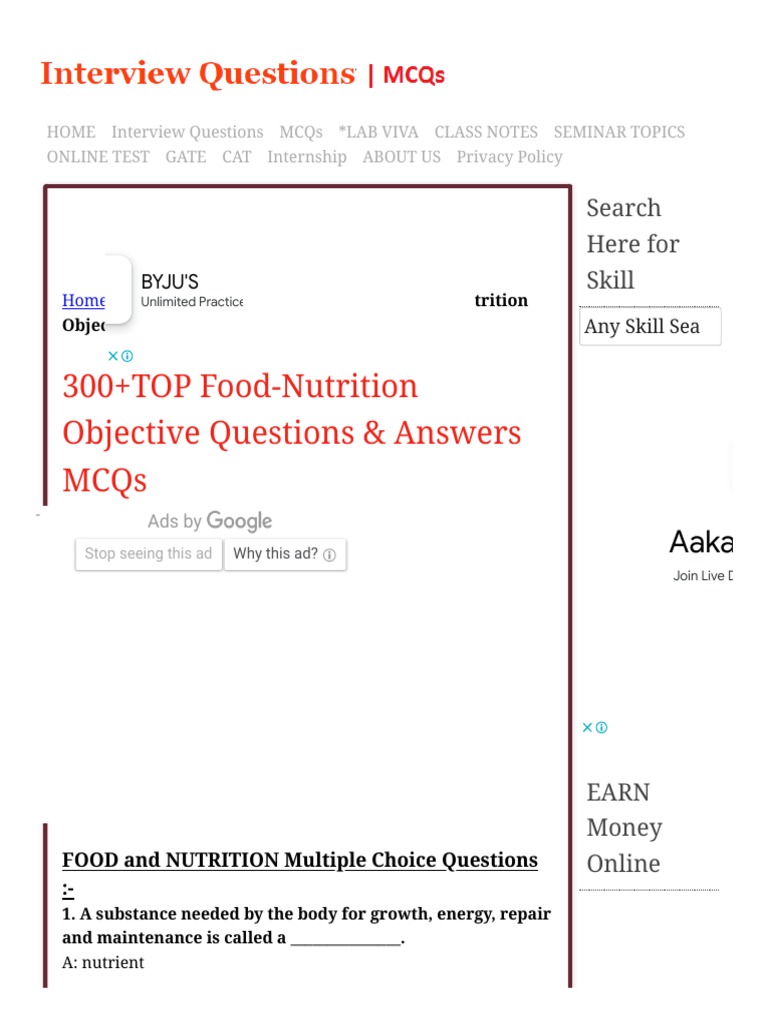 Food and Nutrition MCQs with Answers | PDF | Wellness