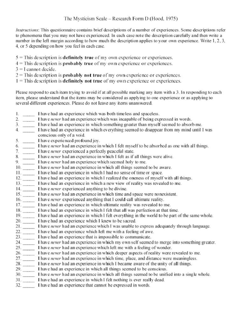 The Mysticism Scale - Research Form D (Hood, 1975) | PDF