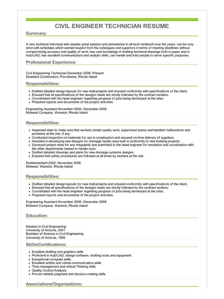 Civil Engineer Technician Resume: Summary | PDF