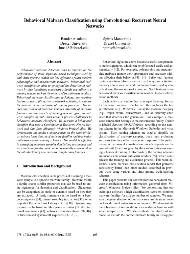 Behavioral Malware Classification Using Convolutional Recurrent Neural Networks | PDF ...
