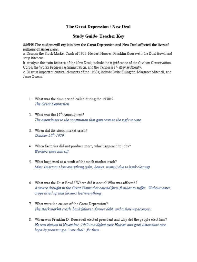 The Great Depression Study Guide Teacher Key | PDF | Great Depression ...