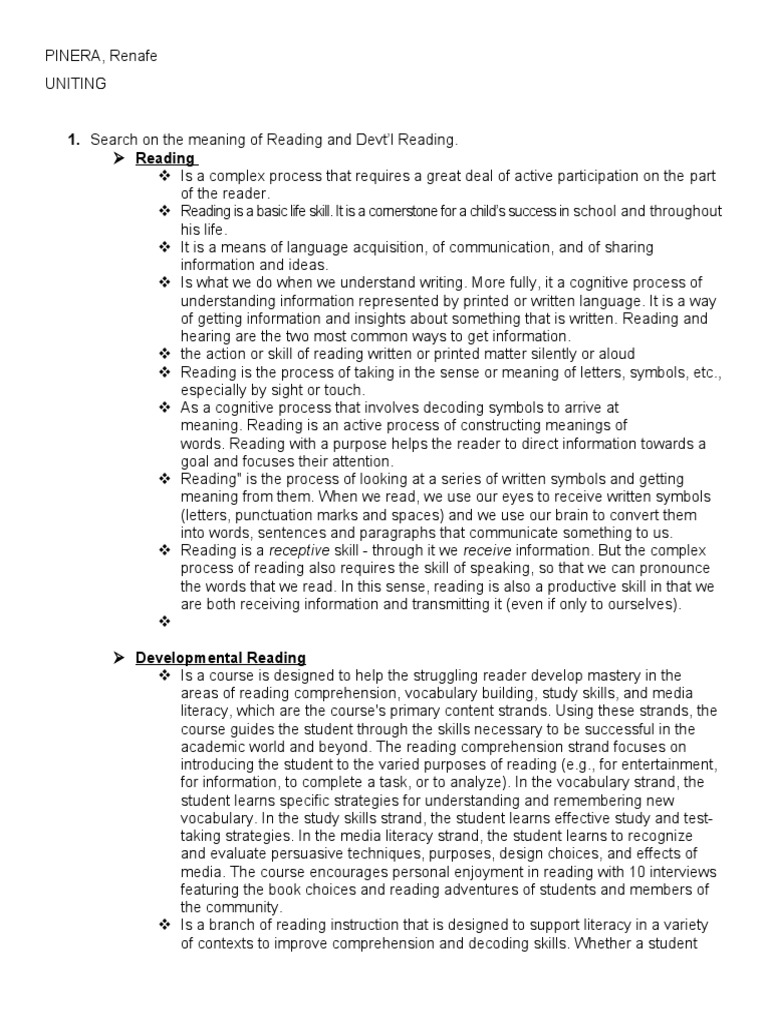 Meaning of Reading and Devt'l Reading | PDF | Reading Comprehension ...