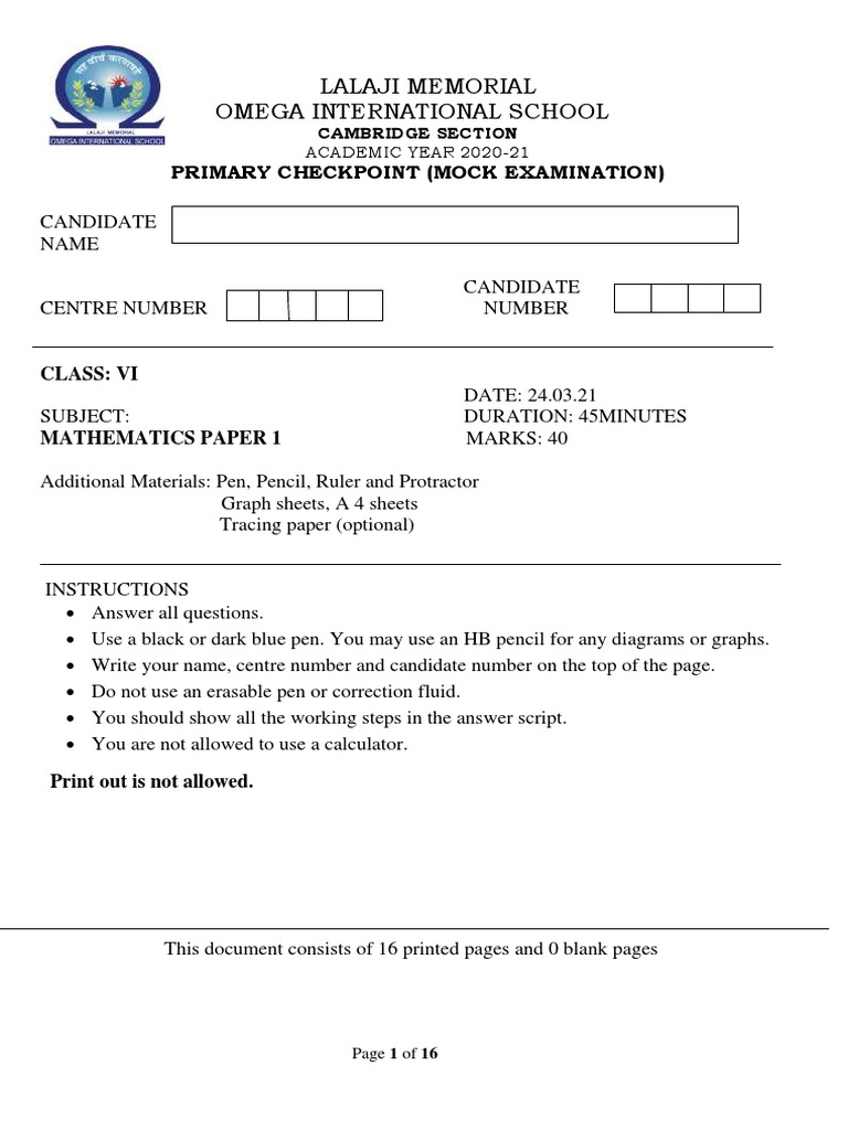 Grade 6 Maths Mock Exam Paper | PDF