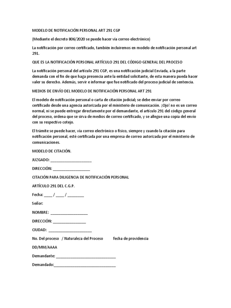 Modelo de Notificación Personal Art 291 CGP | PDF Modelo de Notificación Personal Art 291 CGP | PDF