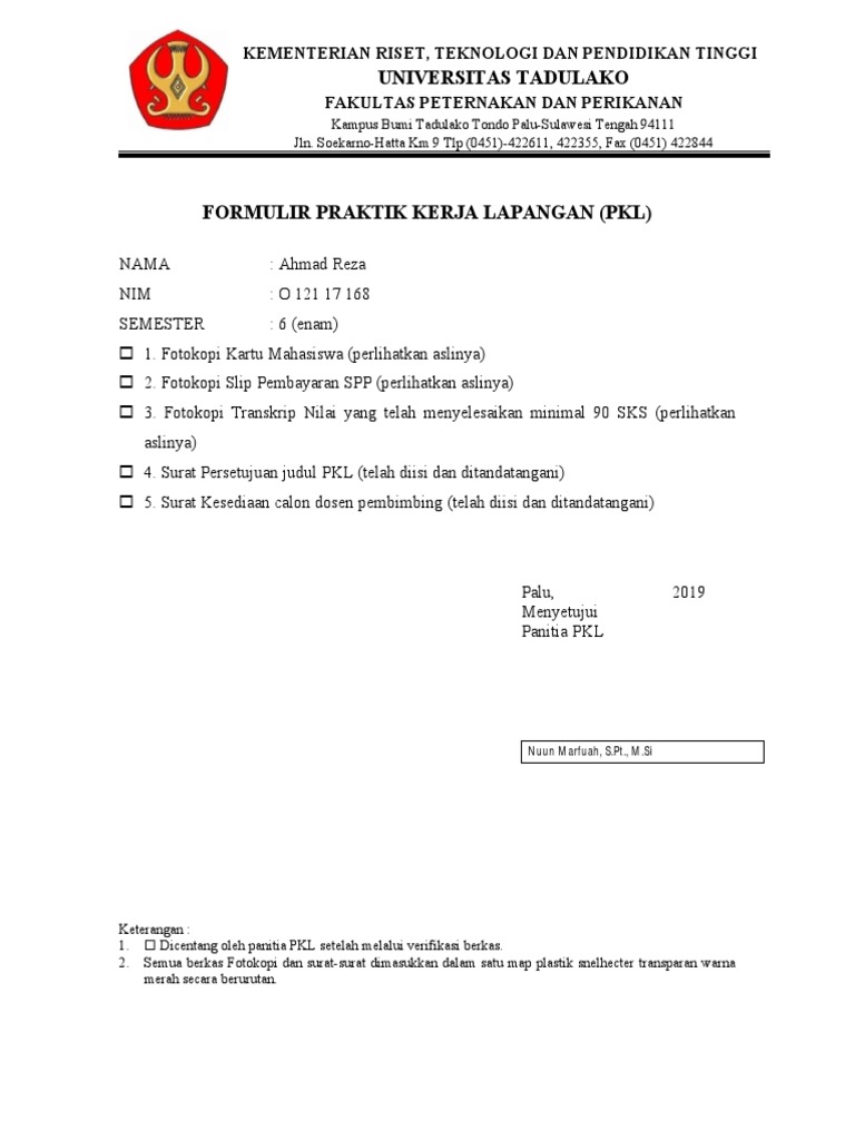 Formulir Pendaftaran PKL | PDF