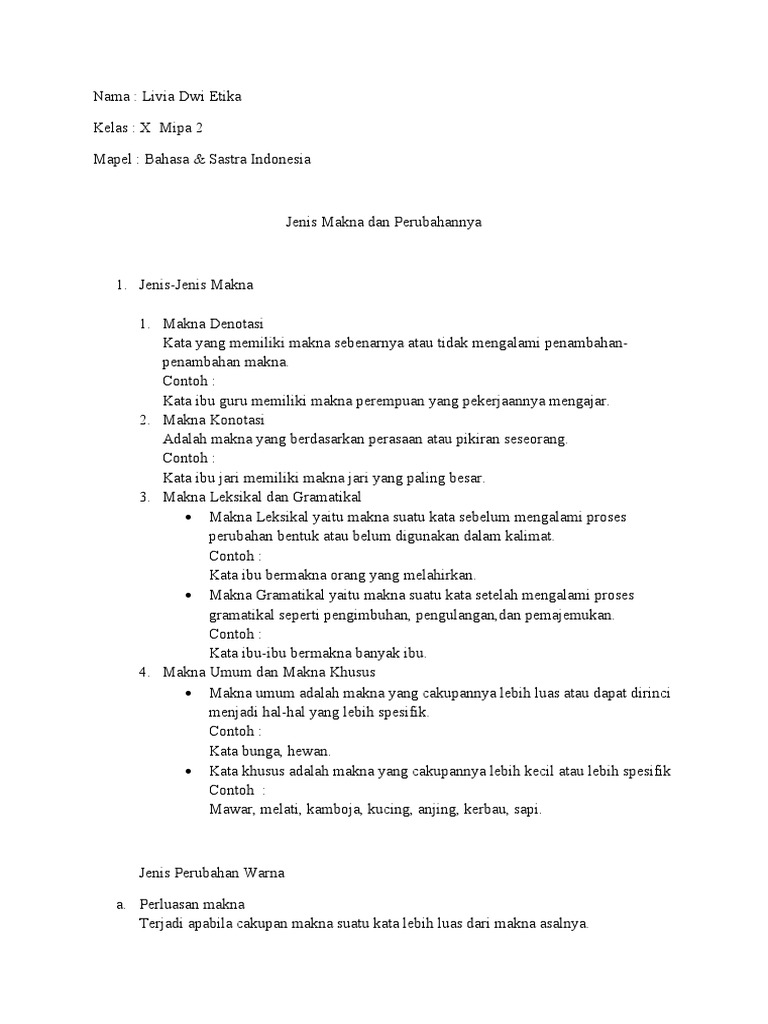 Livia Ringkasan Jenis Makna Kata (Bahasa & Sastra Indonesia) | PDF