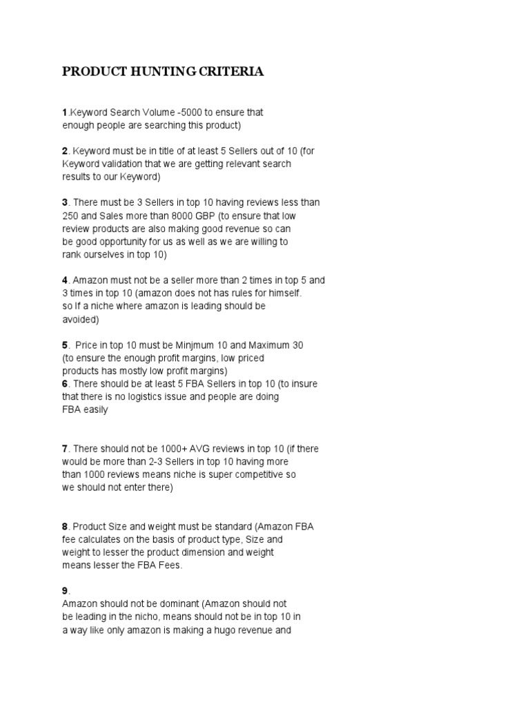 Product Hunting Criteria for FBA Success | PDF | Business | Finance ...