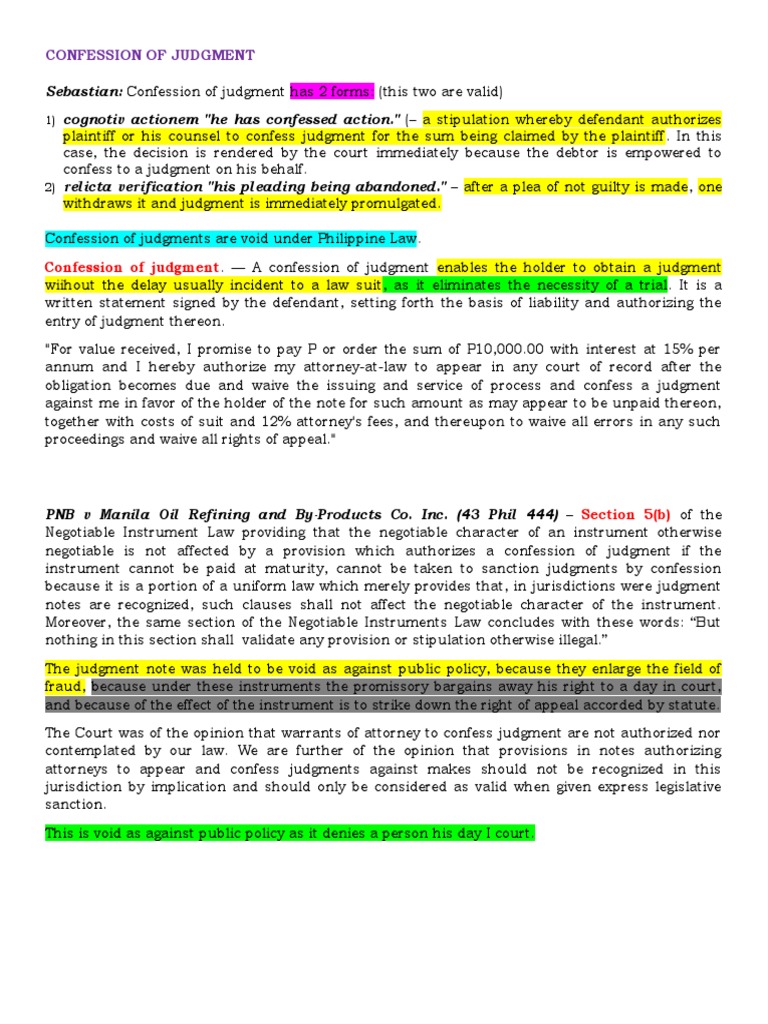 Confession of Judgment | PDF | Judgment (Law) | Plea