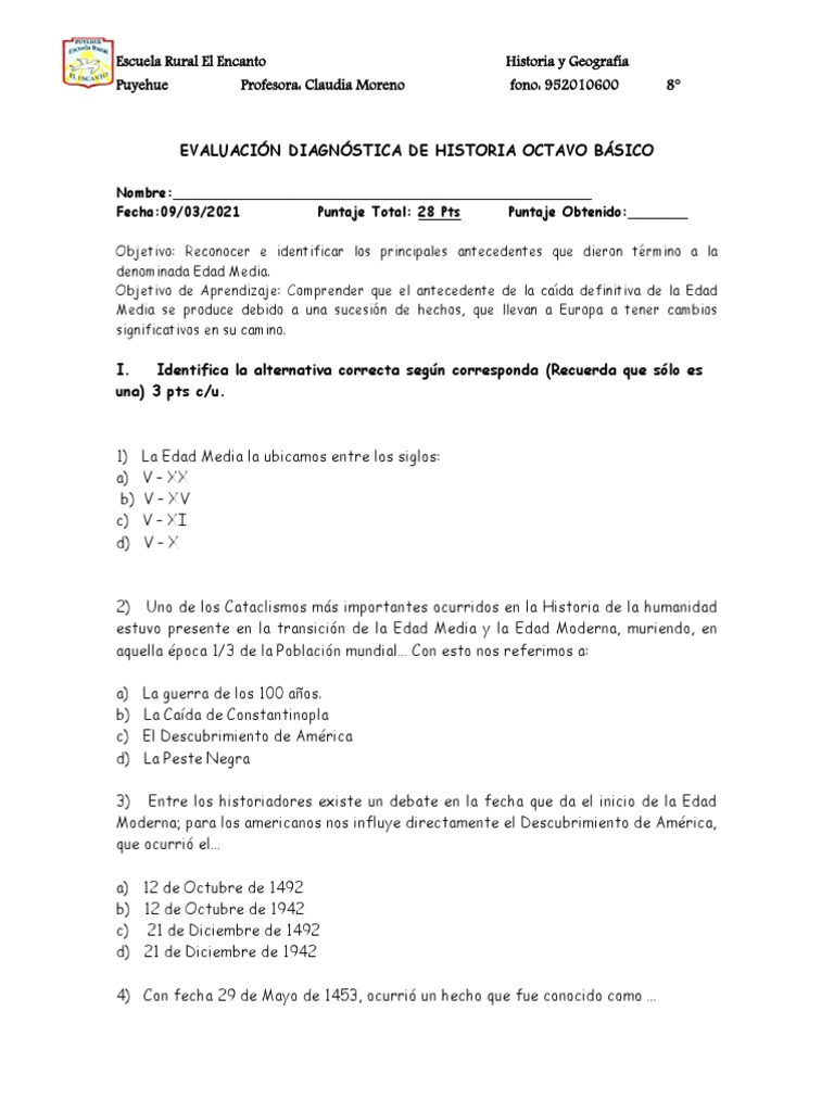 Prueba Diagnostica 8 Historia 2021 | PDF | Muerte negra | Epidemia y peste