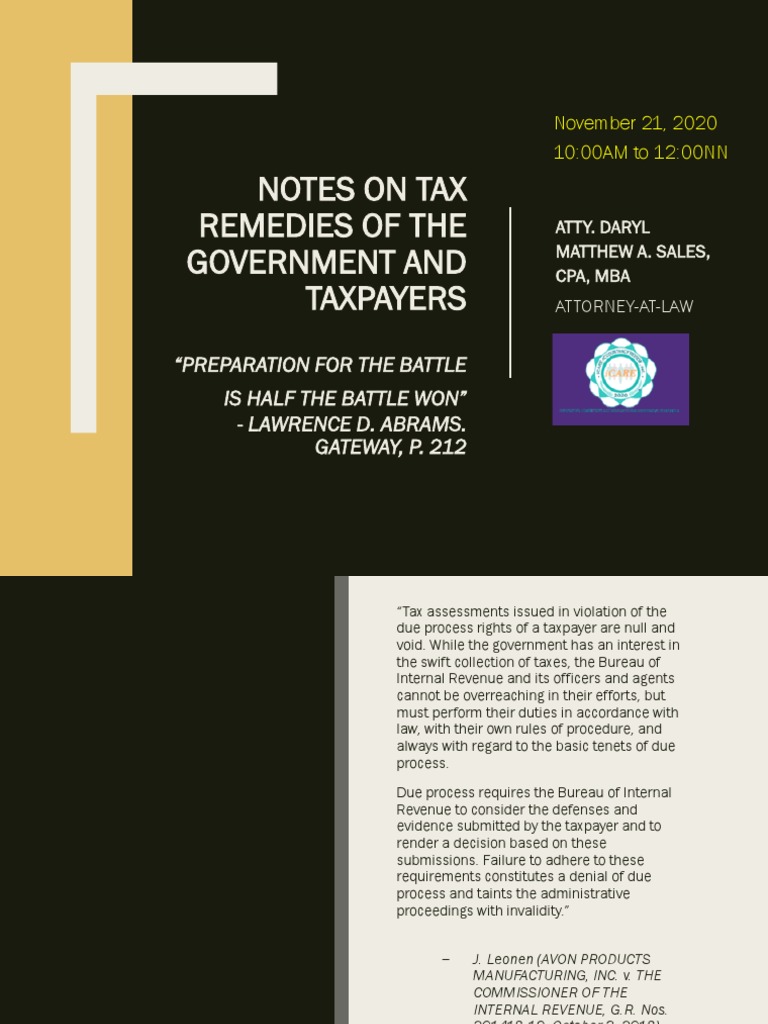Notes On Tax Remedies of The Government and Taxpayers | PDF | Internal ...