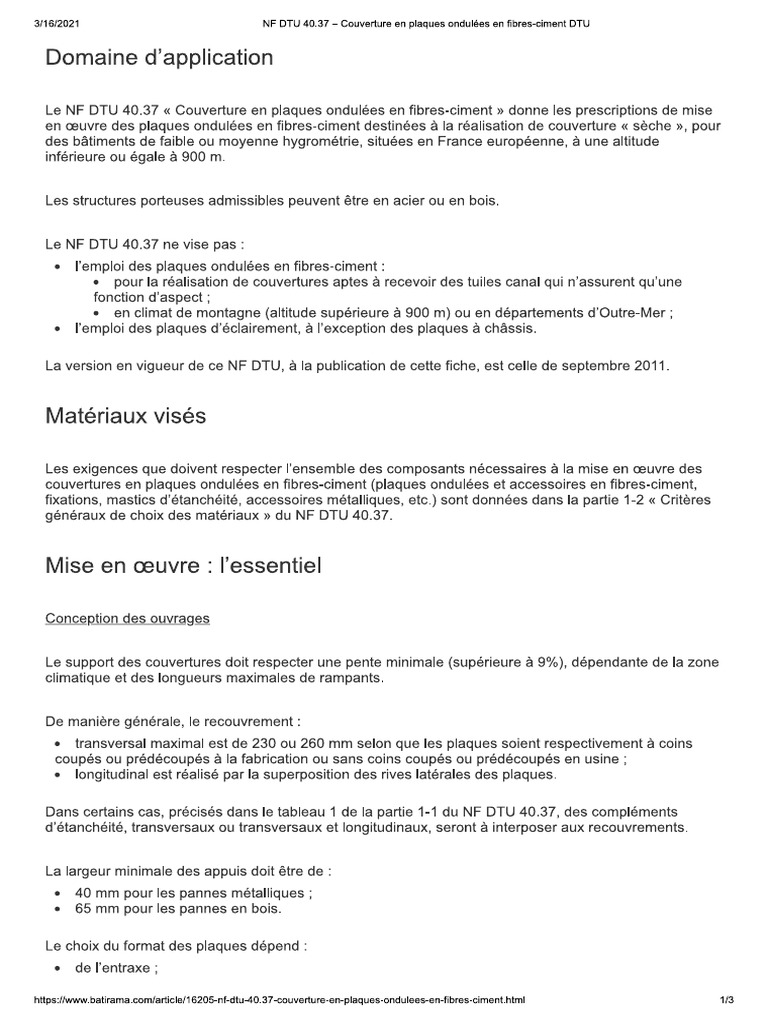 NF DTU 40.37 - Couverture en Plaques Ondulées en Fibres-Ciment DTU | PDF