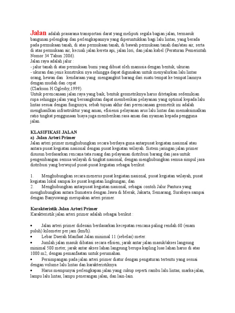 Jalan: Klasifikasi Jalan A) Jalan Arteri Primer | PDF