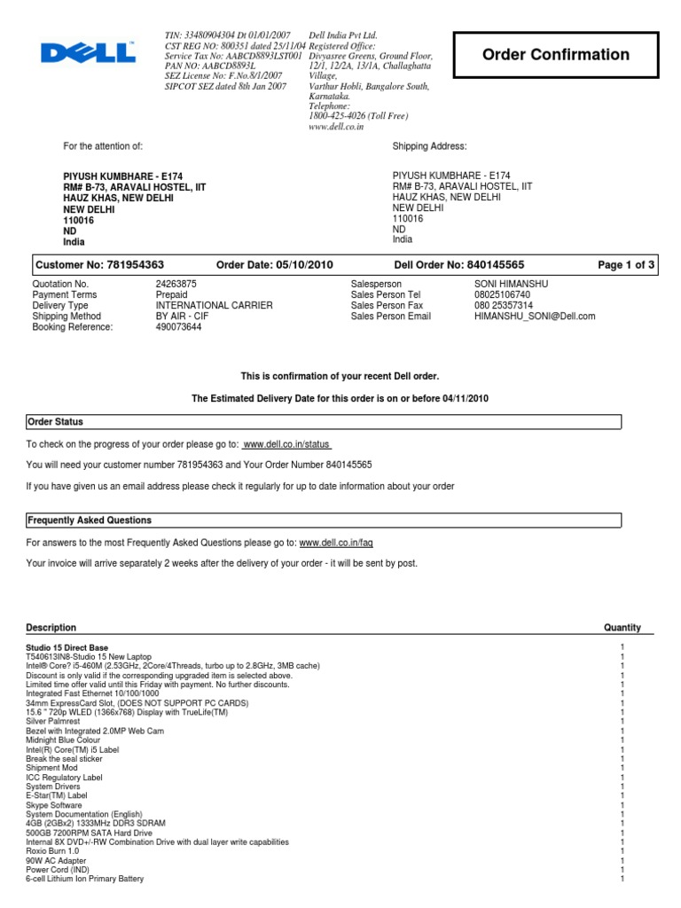 Dell Order | PDF | Dell | Laptop
