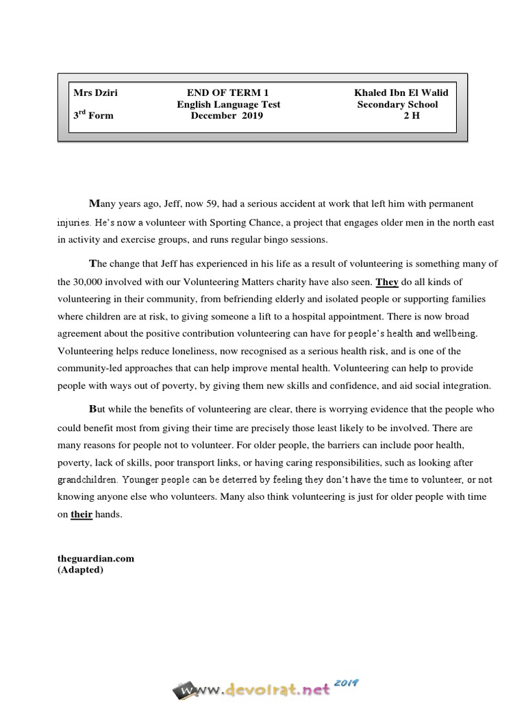 Devoir de Synthèse N°1 - Anglais - 3ème Sciences (2019-2020) Mme Besma Riabi Dziri | PDF ...