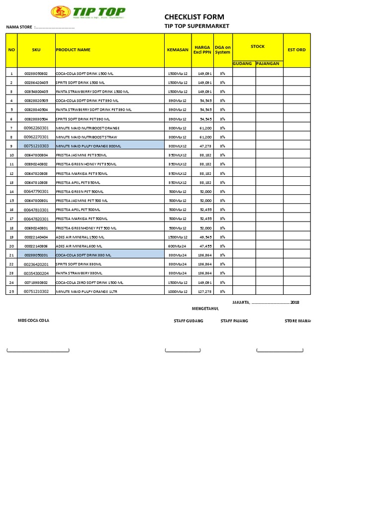 Checklist Form: Tip Top Supermarket | PDF | Coca Cola | Soft Drink