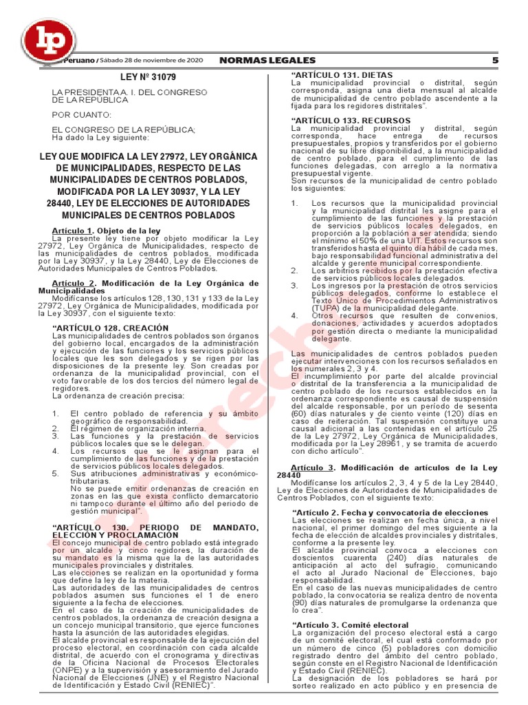 Ley 31079 LP | PDF | Alcalde | Gobierno local