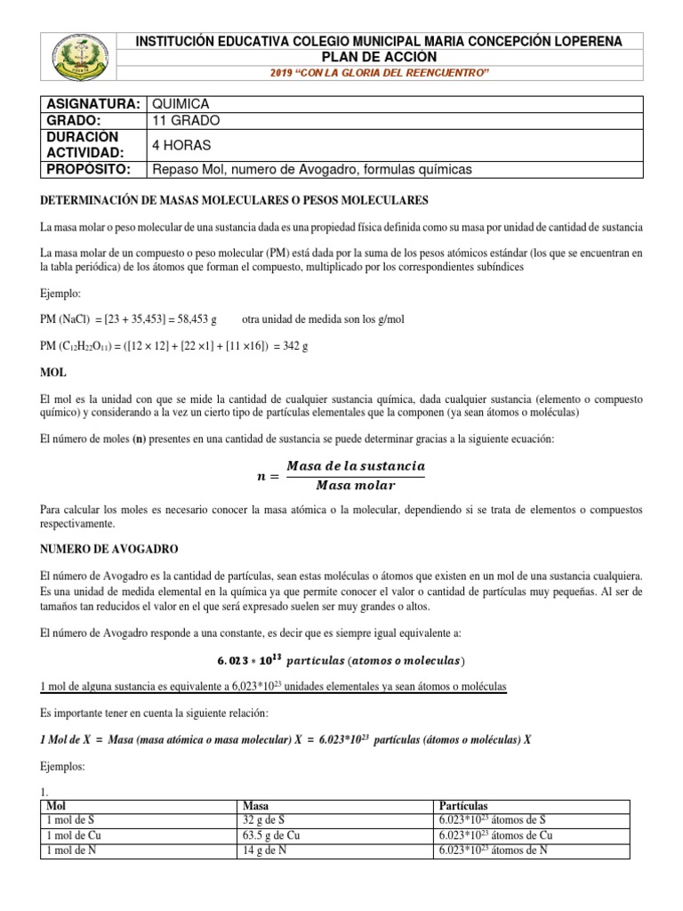 Repaso Mol, Numero Avogadro y Formulas Quimicas | PDF | Mole (Unidad ...