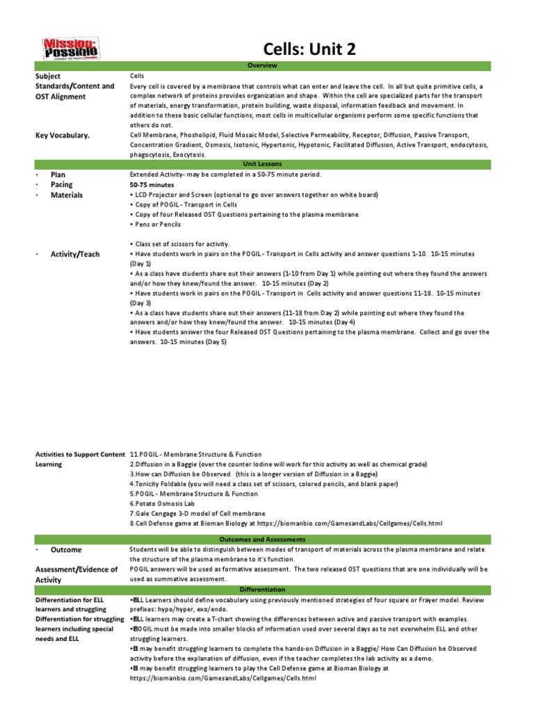 Cells: Unit 2: Subject Standards/Content and OST Alignment | PDF ...