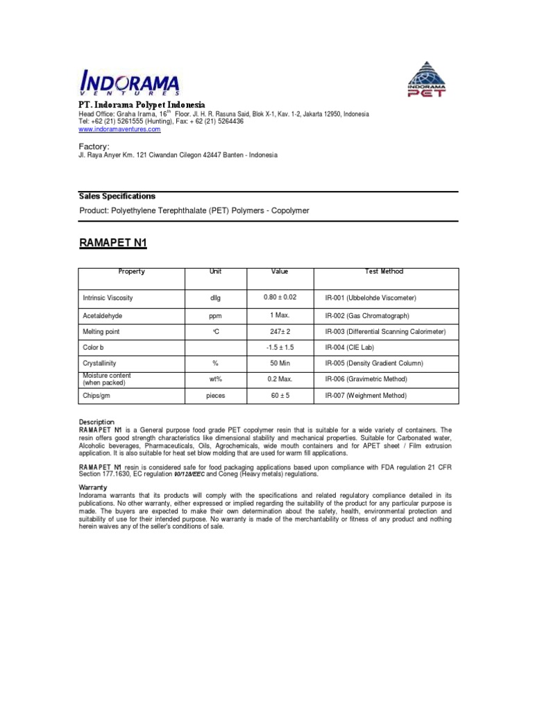PT Indorama Polypet Indonesia Sales Specifications for RAMAPET N1 PET ...