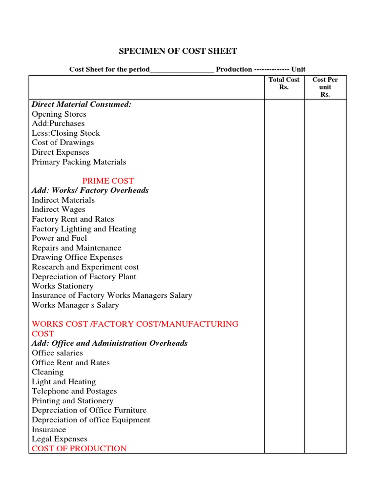 Specimen of Cost Sheet and Problems-Unit-1 Cost Sheet | Download Free ...