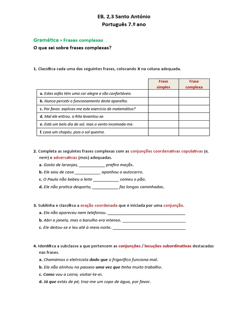 Frases Complexa - Orações - Exercícios | PDF | Mecânica da linguagem ...