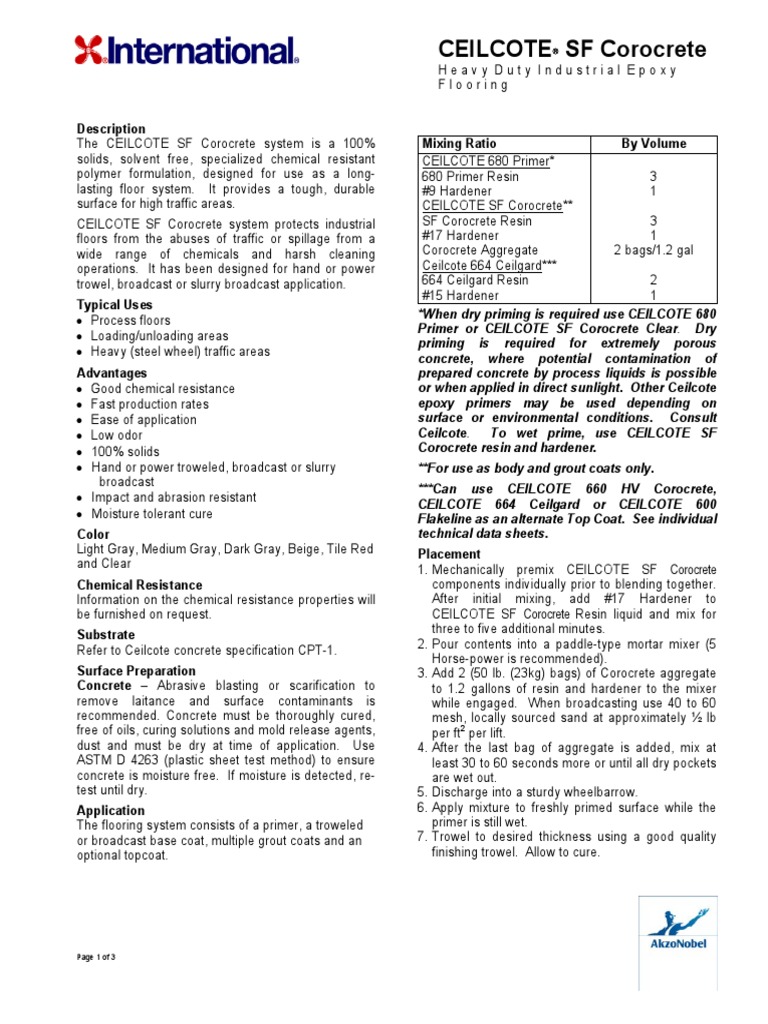 Ceilcote SF Corocrete: Description Mixing Ratio by Volume | PDF | Epoxy ...