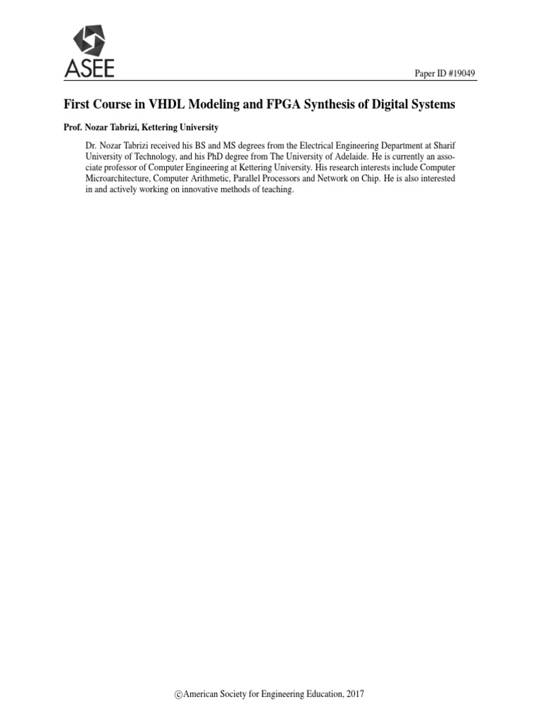 First Course In Vhdl Modeling And Fpga Synthesis Of Digital Systems Pdf Vhdl Field