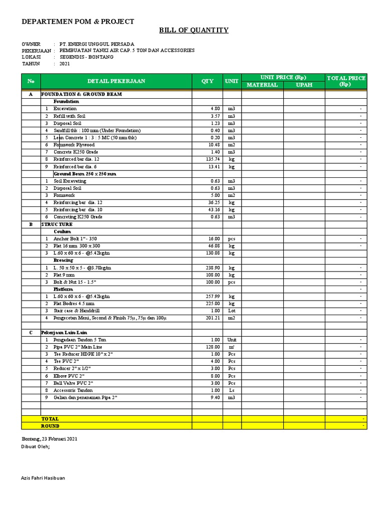 Departemen Pom & Project Bill of Quantity: No Detail Pekerjaan QTY Unit ...