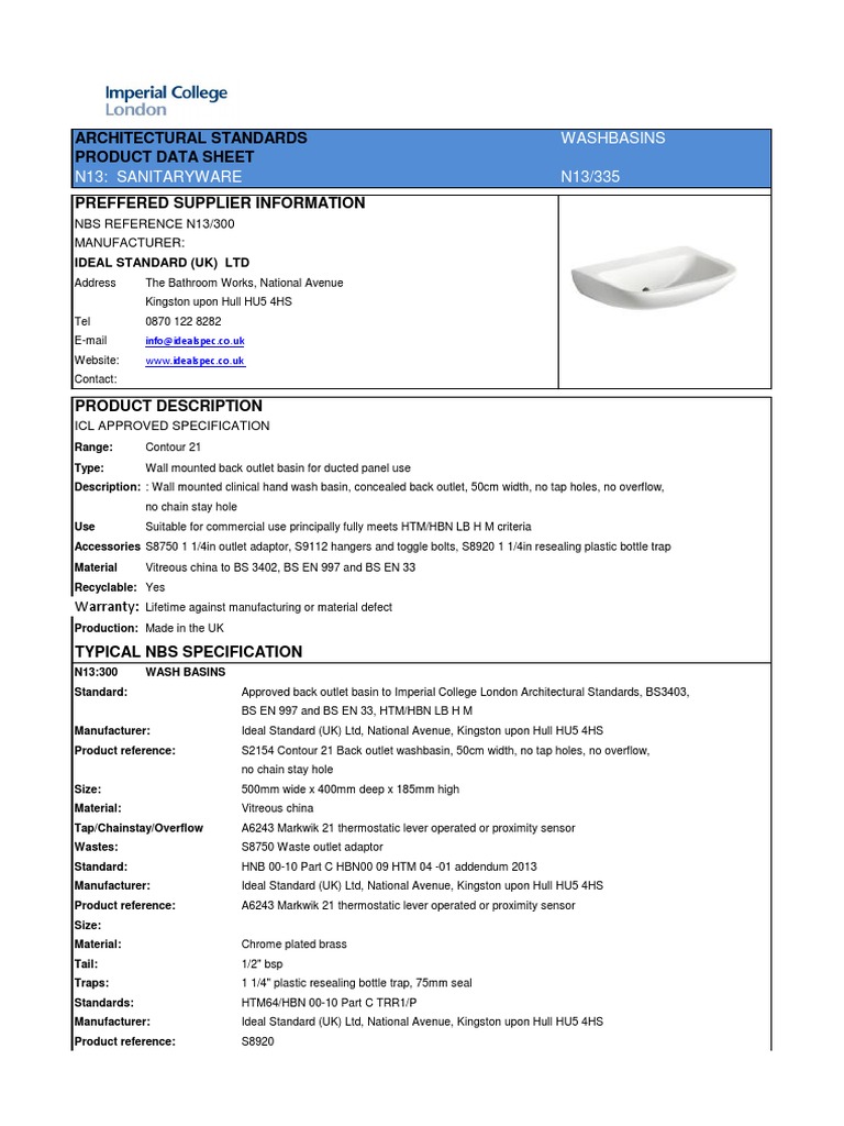 Architectural Standards Product Data Sheet: Washbasins N13 ...