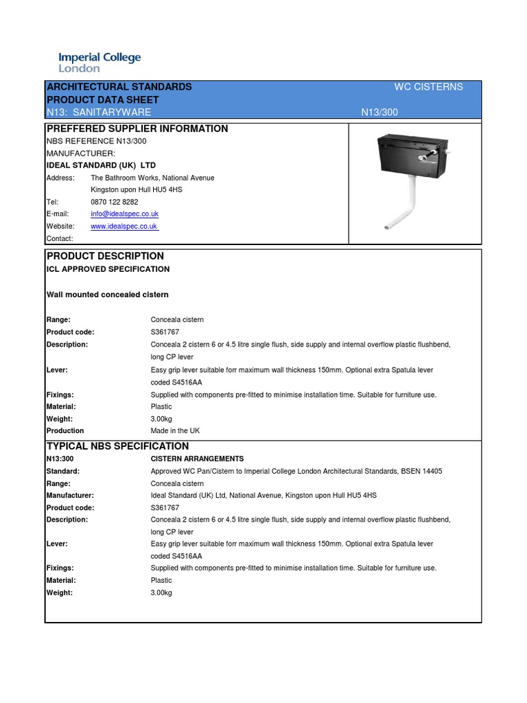 Architectural Standards Product Data Sheet: WC Cisterns | PDF