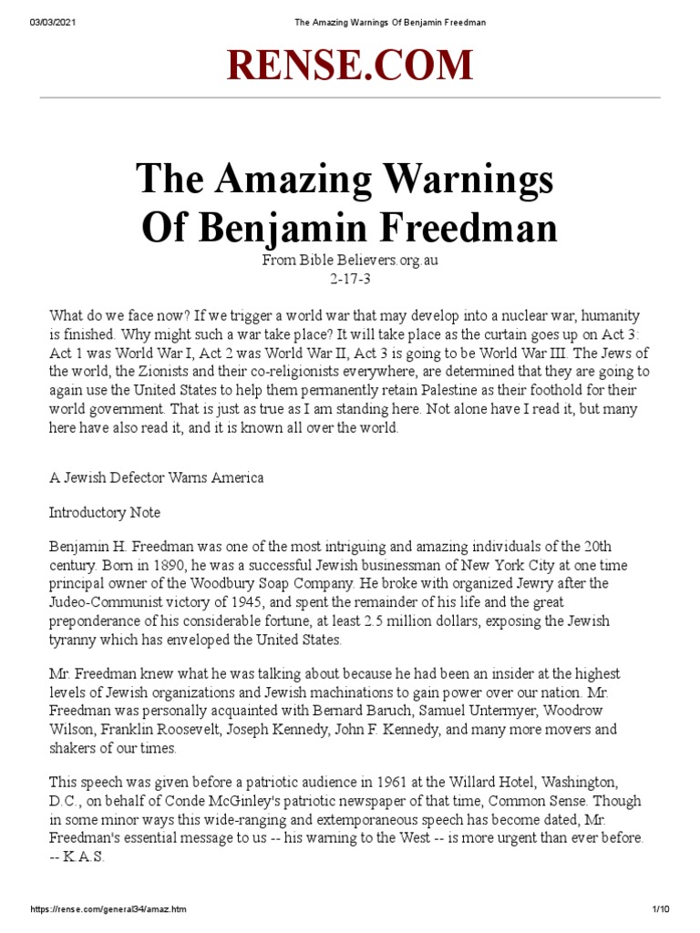 The Amazing Warnings of Benjamin Freedman | PDF | Zionism | Nazi Germany