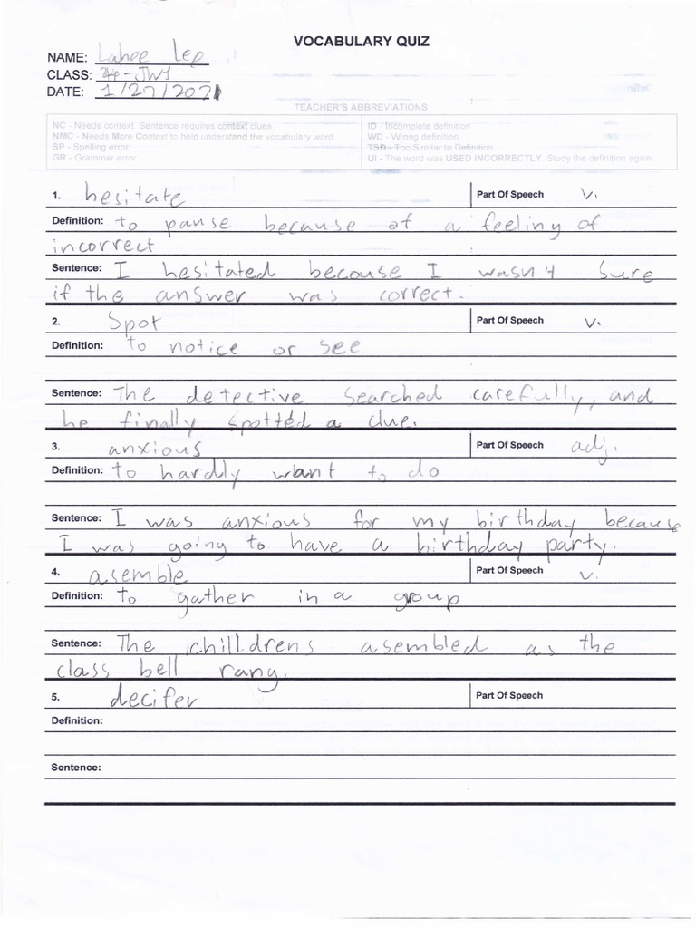 Vocabulary D1 Test - Second Day, First Impressions | PDF | Semantics ...