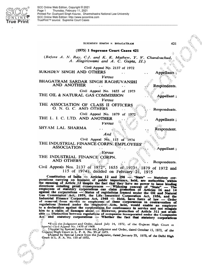 Sukhdev Singh V Bhagat Ram | PDF | Copyright | Civil Rights And Liberties