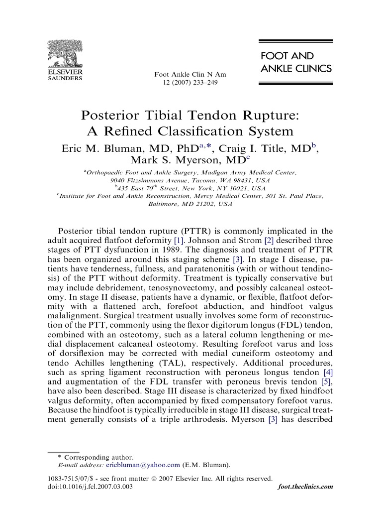Posterior Tibial Tendon Rupture: A Refined Classification System | PDF ...