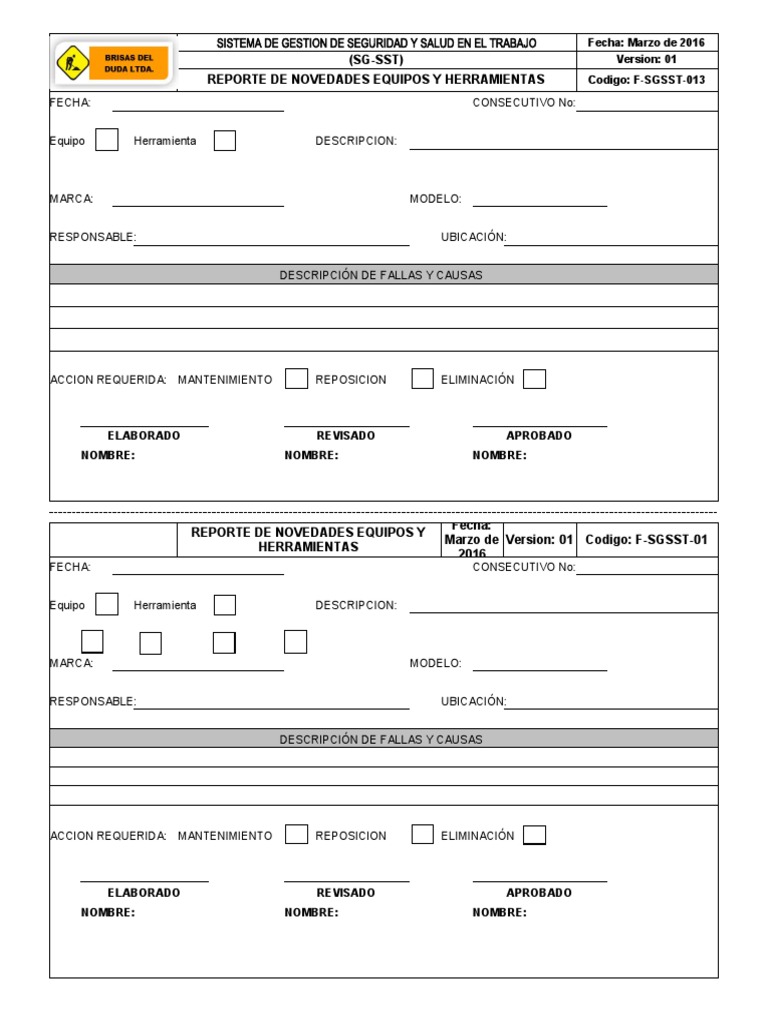 Formato Reporte de Novedades Equipos y Herramientas | PDF
