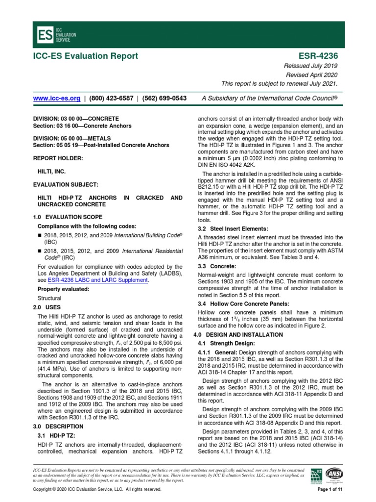 ICC-ES Evaluation Report ESR-4236 | PDF | Strength Of Materials | Concrete