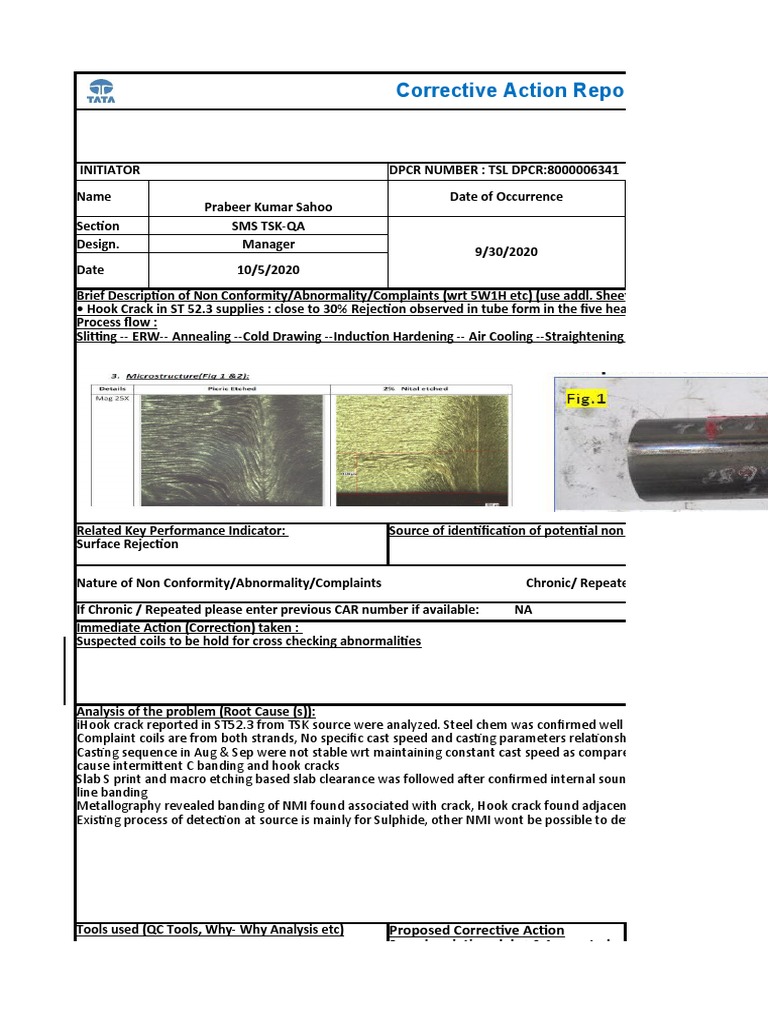 Corrective Action Report (CAR) : Proposed Corrective Action Speed ...