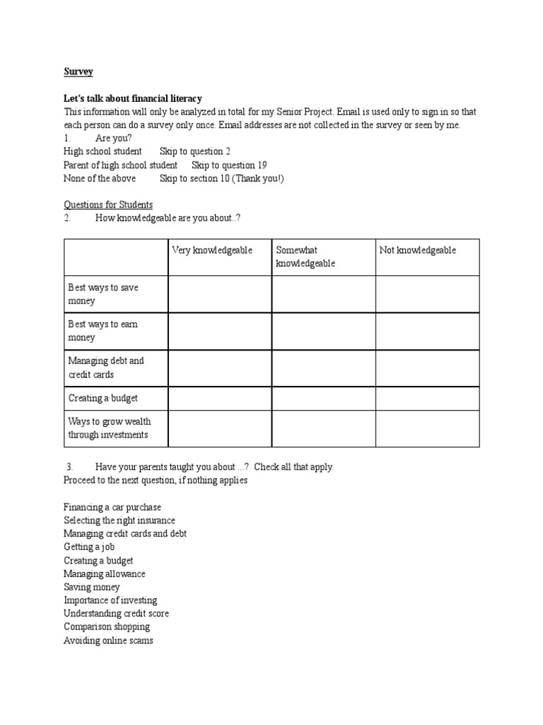 Financial Literacy Survey | PDF | Personal Finance | Financial Literacy
