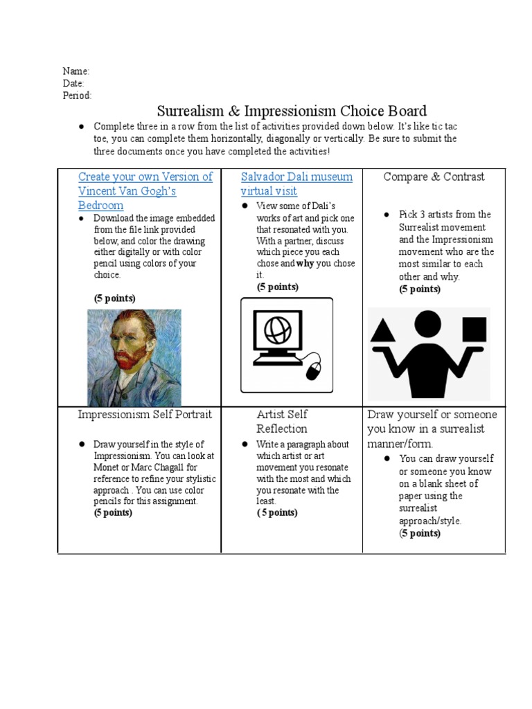 Art Choice Board | PDF | Impressionism | Surrealism